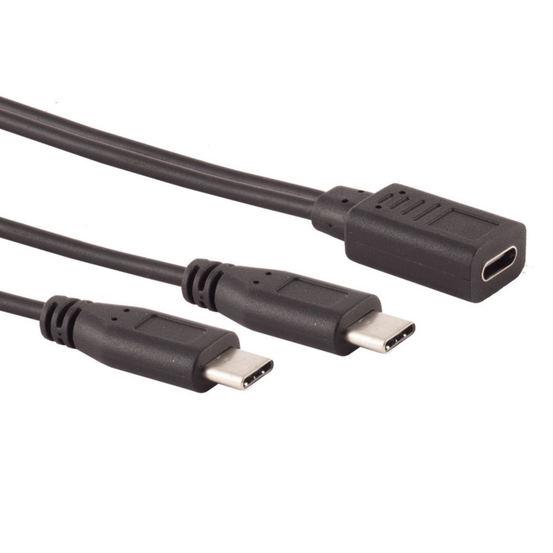 USB-C (v) - 2x USB-C (m) Kabel - Y-split - USB 2.0 - 0,3 meter - Zwart